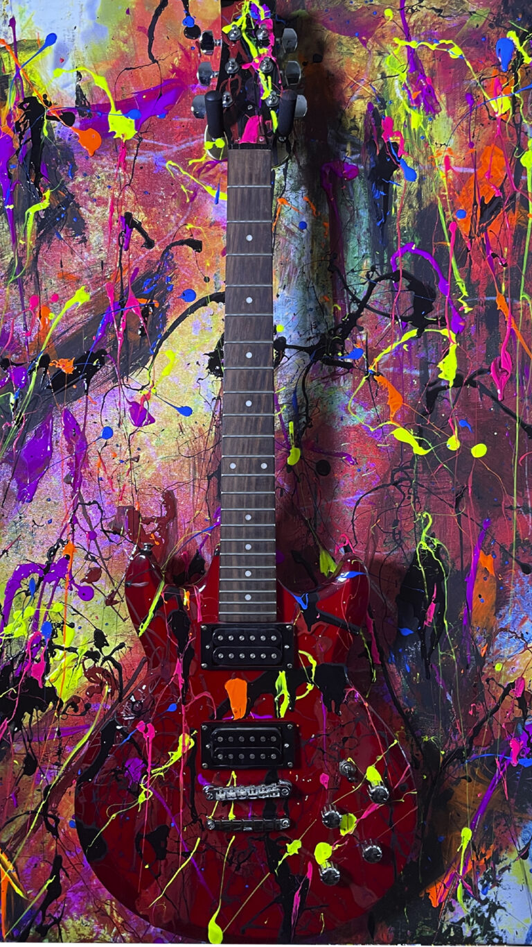 5 Mounted Electric Jackson Pollock Style Hand Painted Guitars - Fine Art