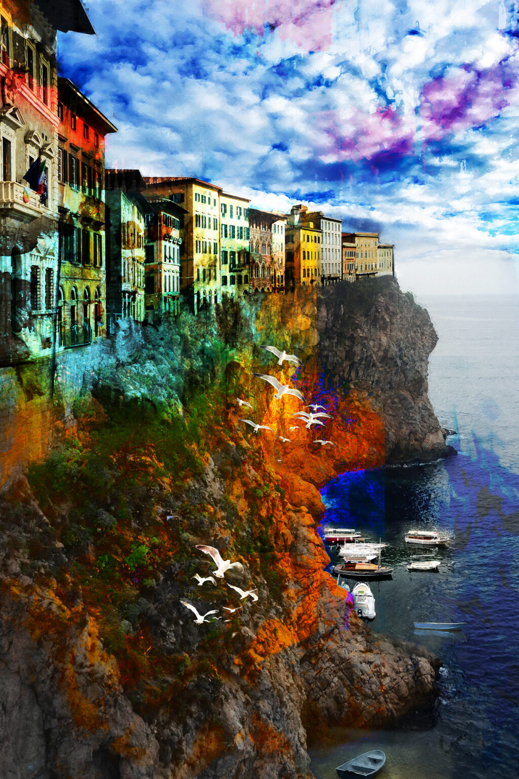 Seaside Cliff Village Painting On Canvas - Fine Art