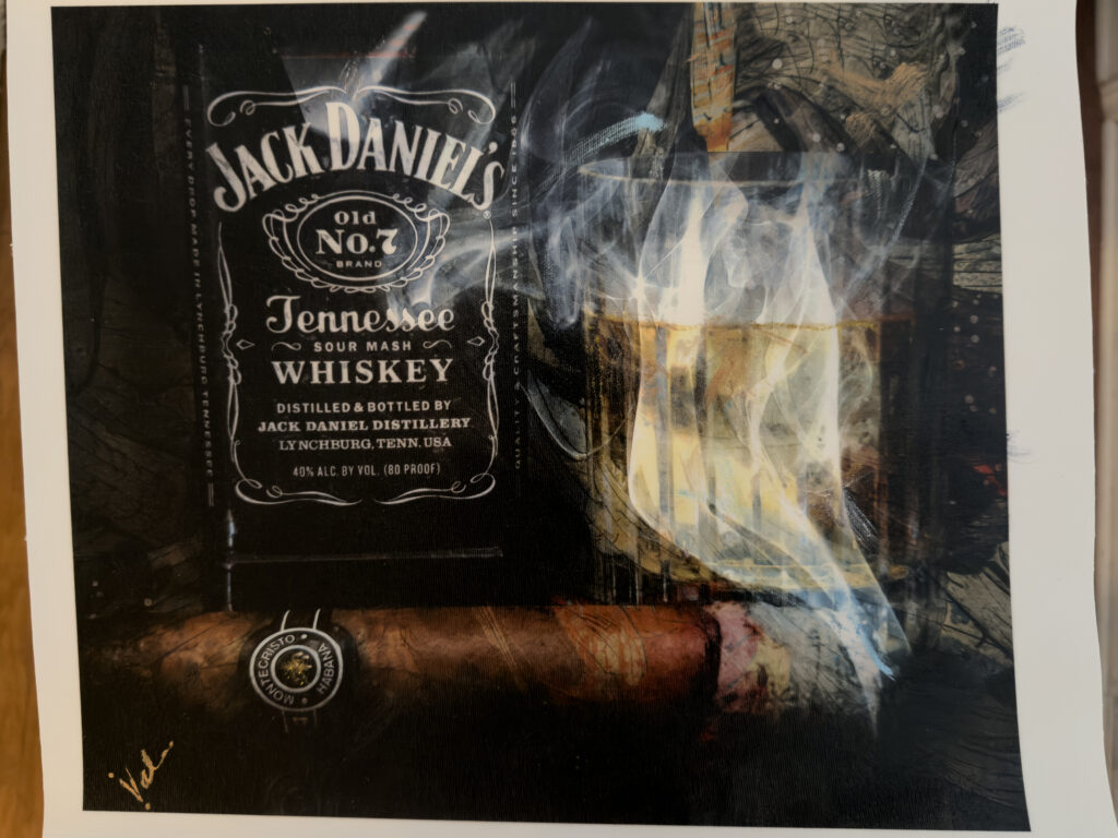 Old Number 7 Jack Daniels Whiskey and Montecristo cuban cigar art